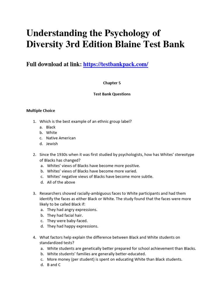 Understanding The Psychology of Diversity 3rd Edition Blaine Test Bank ...