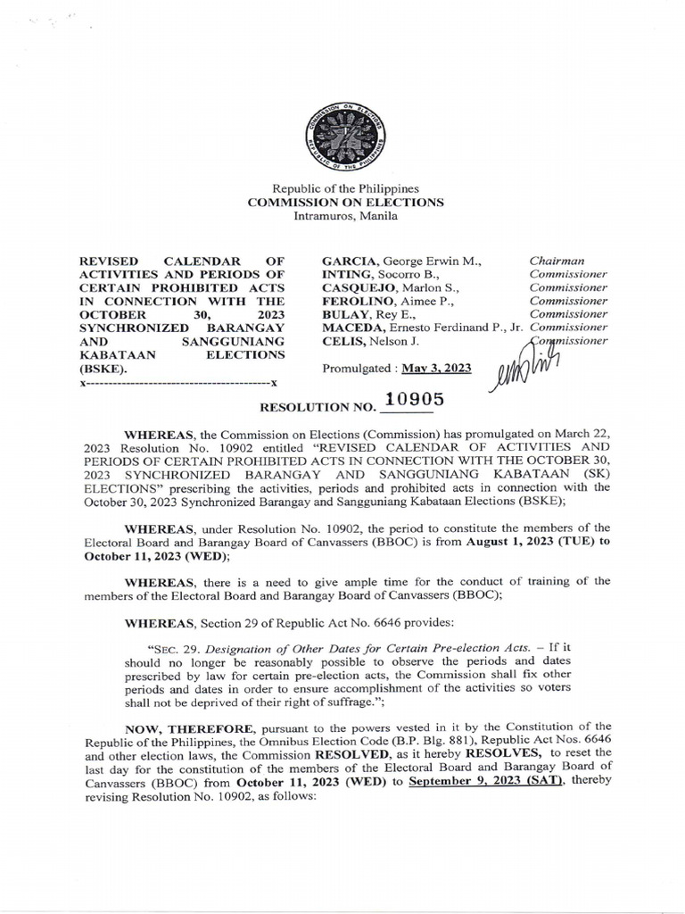 COMELEC Reso No. 10905 - Calendar of Activities | PDF