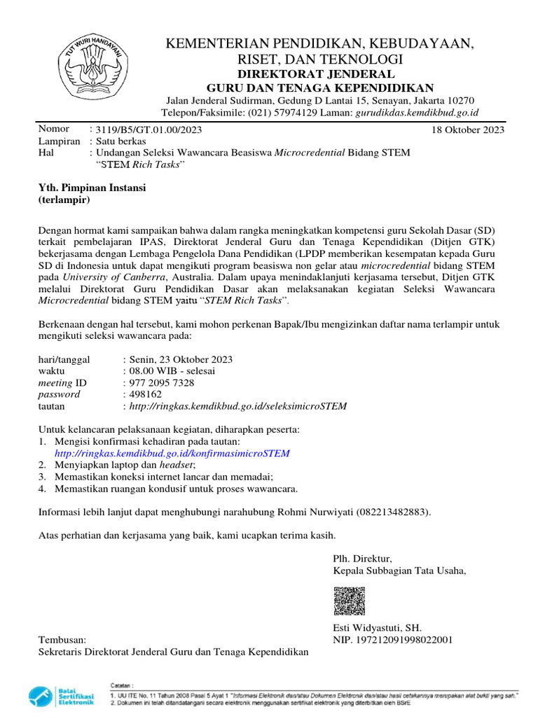 3119 - Und Pengumuman Seleksi Wawancara Microcredential STEM | PDF