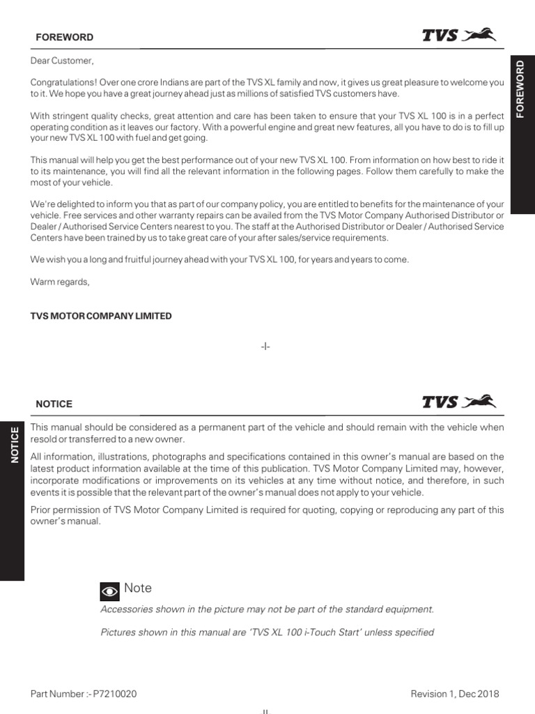 TVS XL 100 Heavy Duty Owner's Manual | PDF