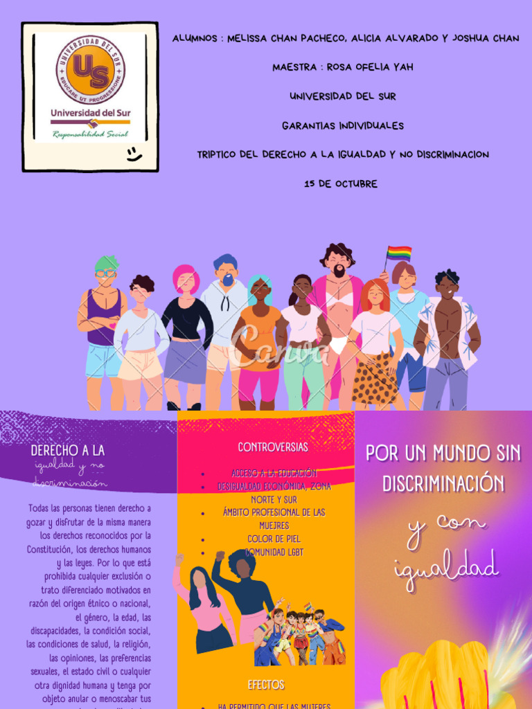 Triptico Del Derecho A La Igualdad y No Discriminacion | PDF | Igualdad de género | Estudios de ...