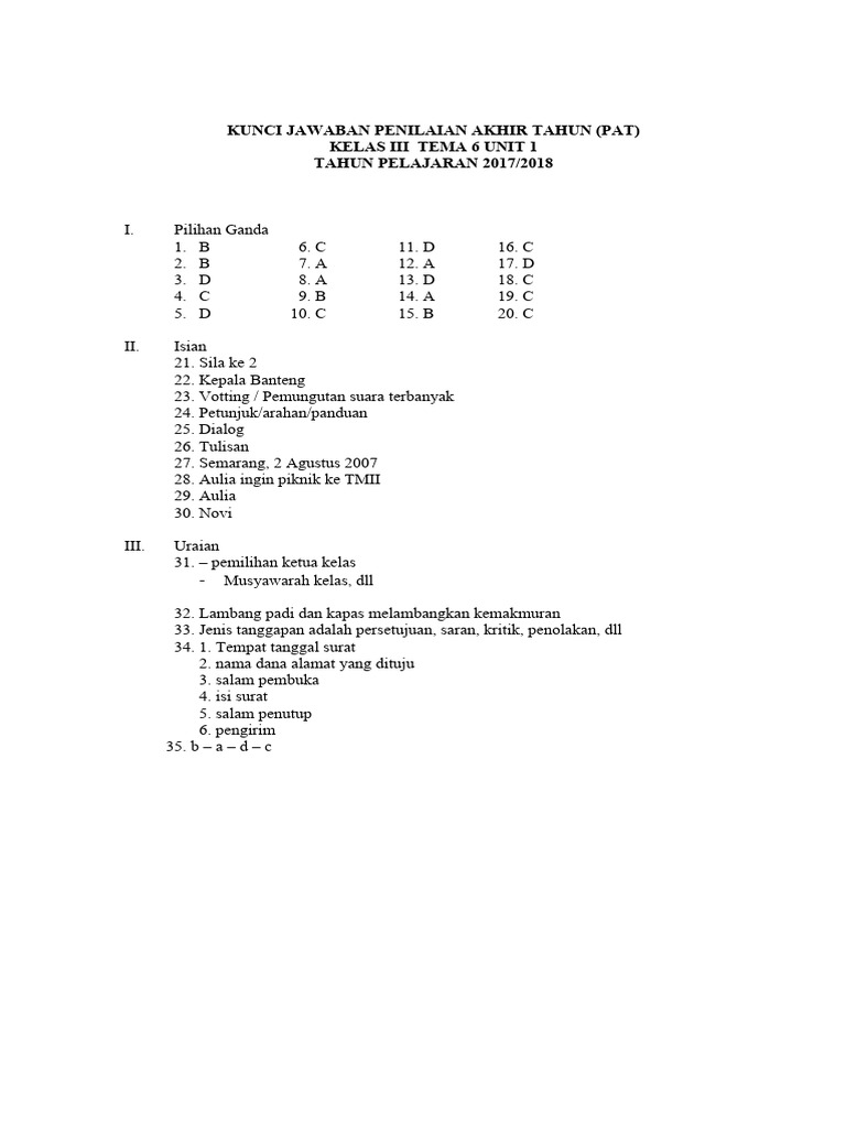Kunci Jawaban PAT Kelas 3 Tema 6 | PDF