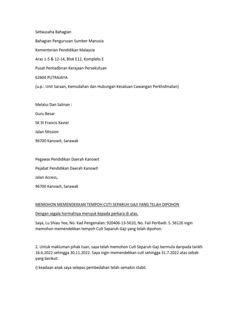 Surat Memohon Memendekkan CSG | PDF