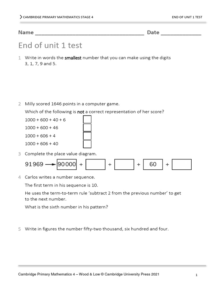 Grade 4 Maths End of Unit 1 Test | PDF