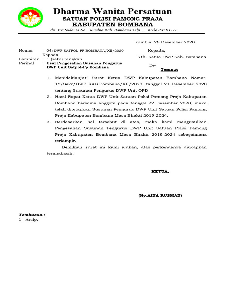 Pengesahan Pengurus DWP Bombana | PDF