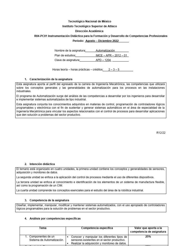 R04-PC01 Instrumentacion Didactica Automatizacion | PDF