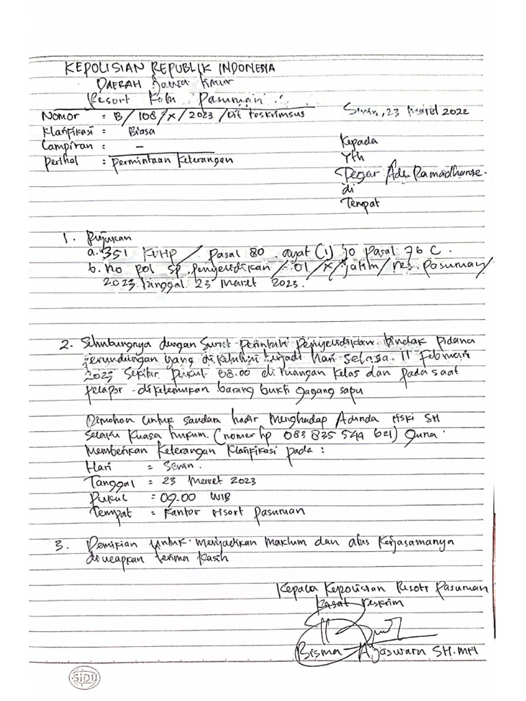 Surat Panggilan BAP Saksi | PDF