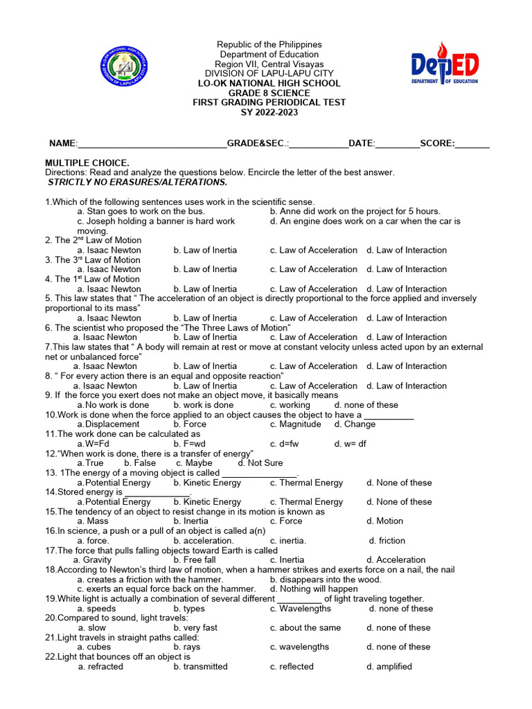 Grade 8 Science 1ST Grading Periodical Test Final With Ans Key Tos | PDF
