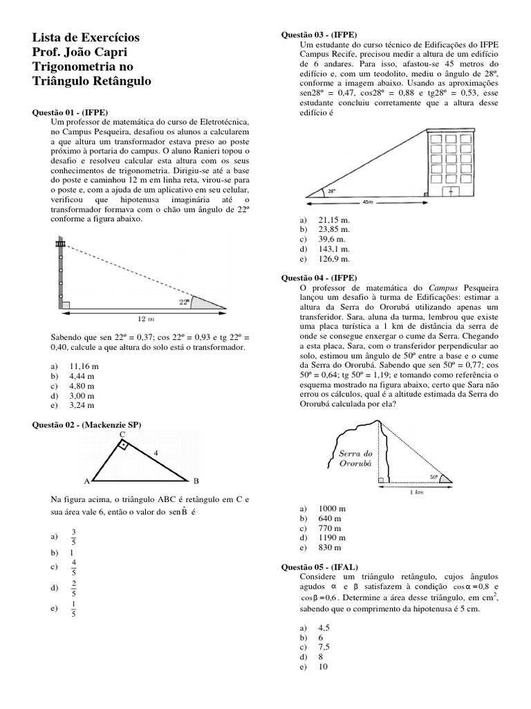 Lista de Exercícios - Trigonometria No Triângulo | PDF