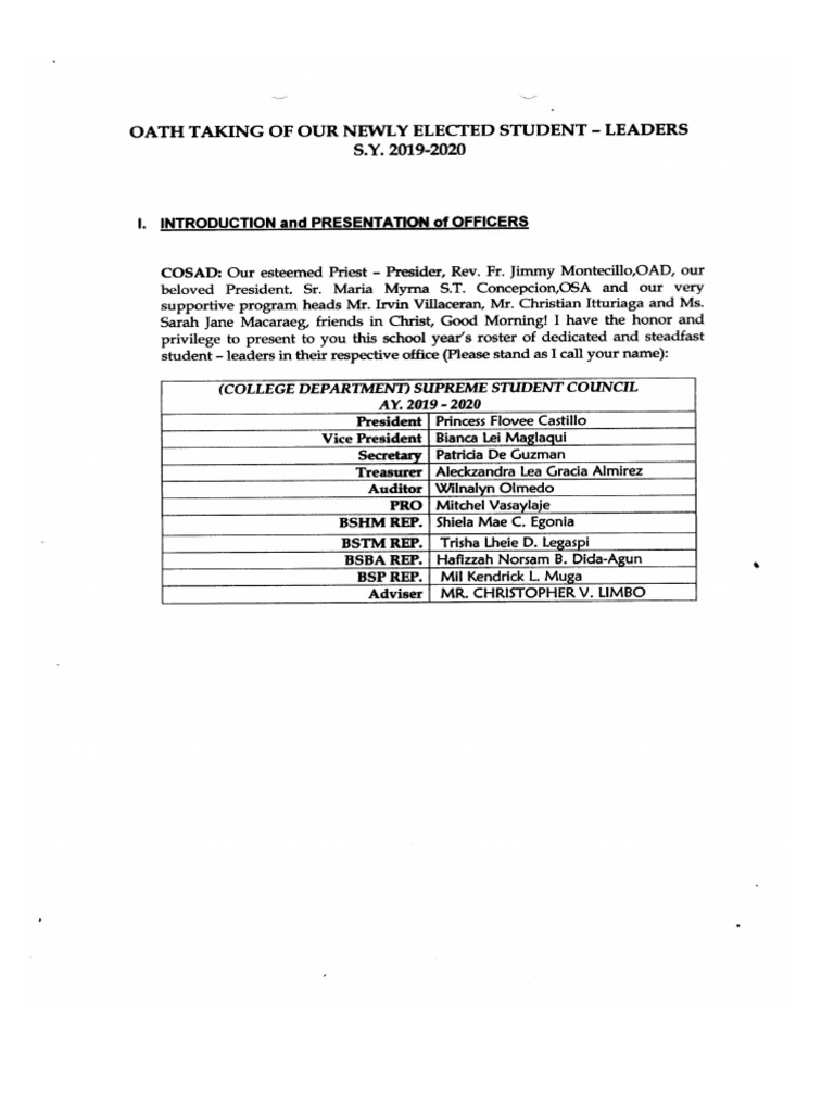 Oath Taking of Our Newly Elected Student | PDF