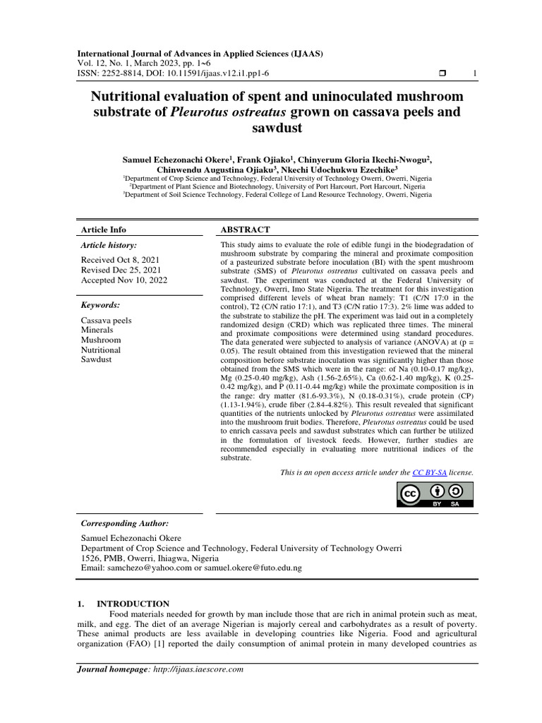 Nutritional Evaluation Of Spent And Uninoculated Mushroom Substrate Of Pleurotus Ostreatus Grown