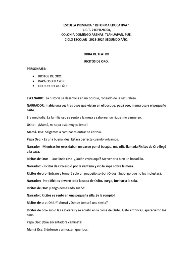 Obra de Teatro Ricitos de Oro 2° B | PDF | Ciencias sociales