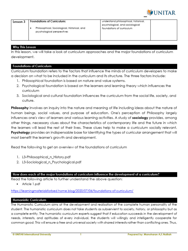 Lesson 3 Foundations of Curriculum | PDF