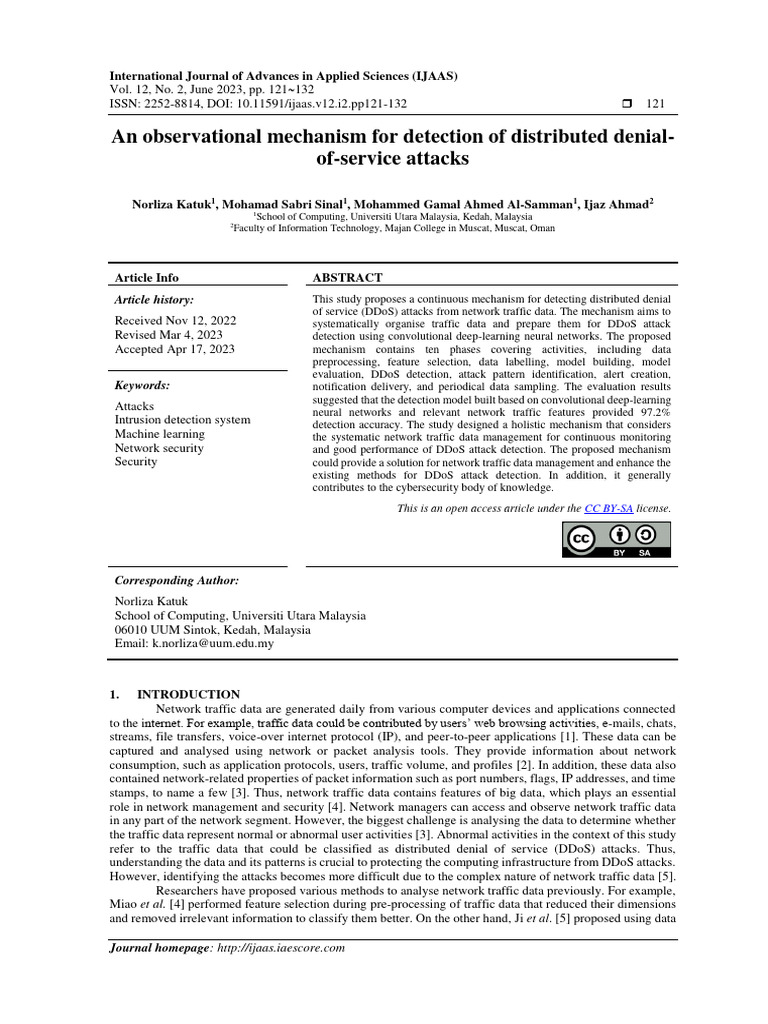 An Observational Mechanism For Detection of Distributed Denial-Of-Service Attacks | PDF