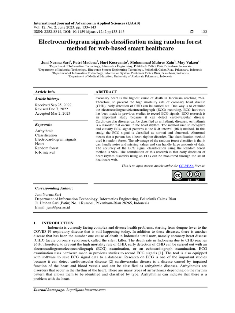 Electrocardiogram Signals Classification Using Random Forest Method For Web-Based Smart ...