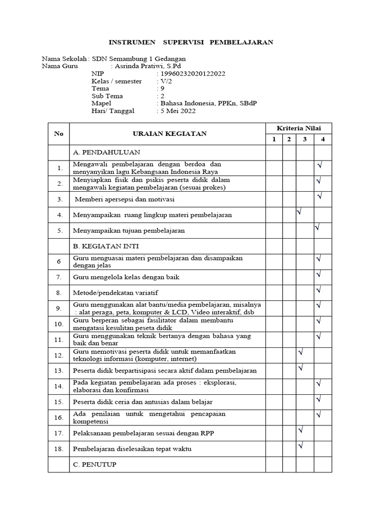 Instrumen Supervisi Pembelajaran | PDF