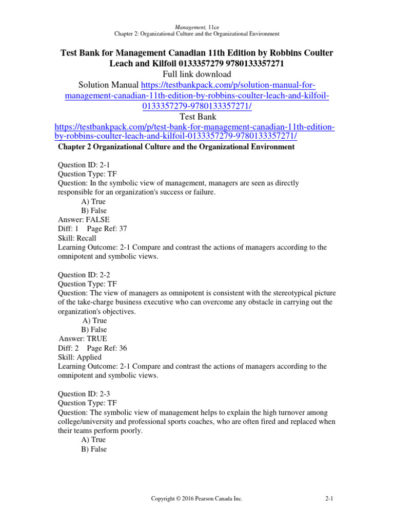 Test Bank For Management Canadian 11th Edition by Robbins Coulter Leach ...