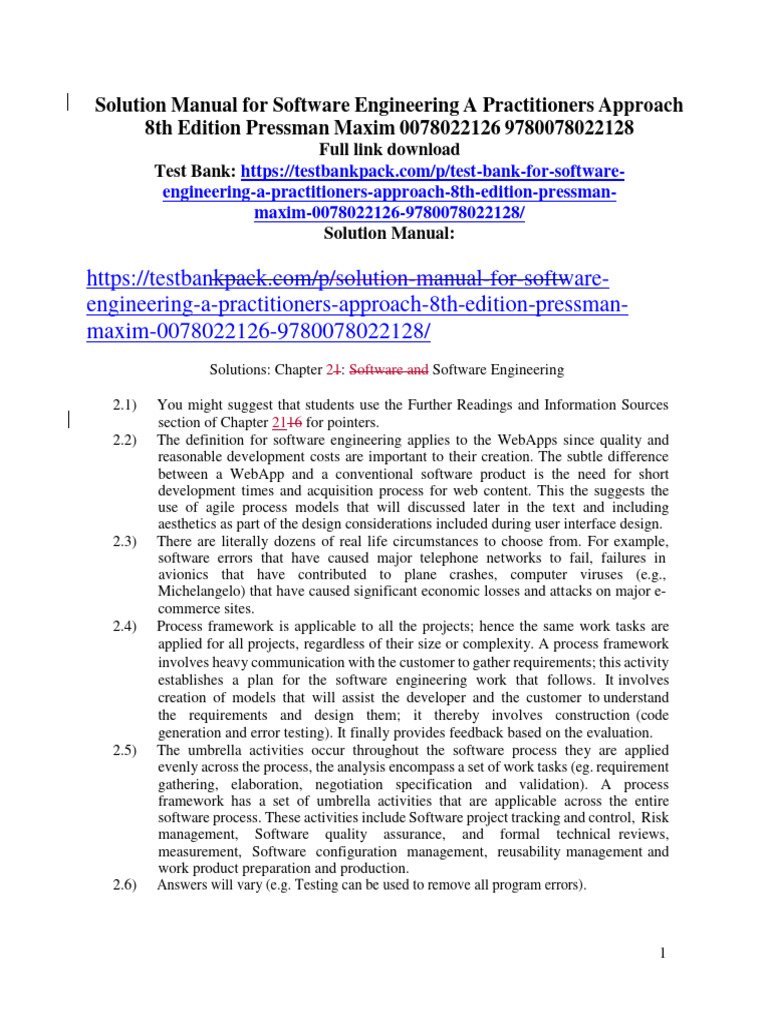 Solution Manual For Software Engineering A Practitioners Approach 8th ...