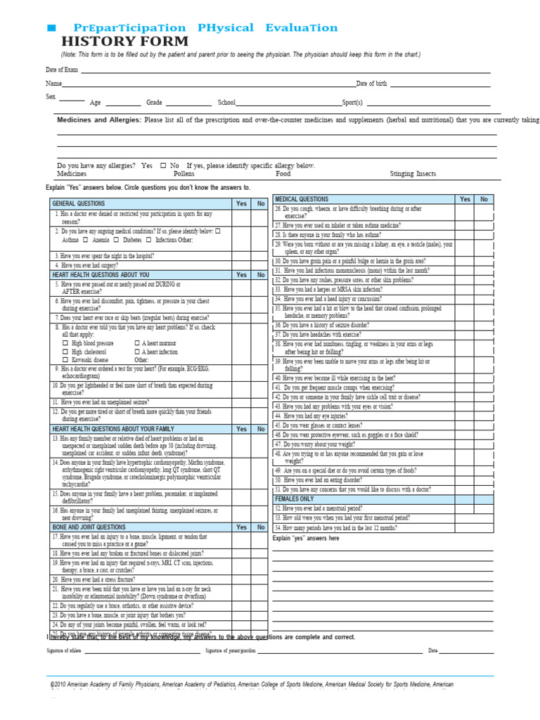 Preparticipation Physical Evaluation Form | PDF | Wellness