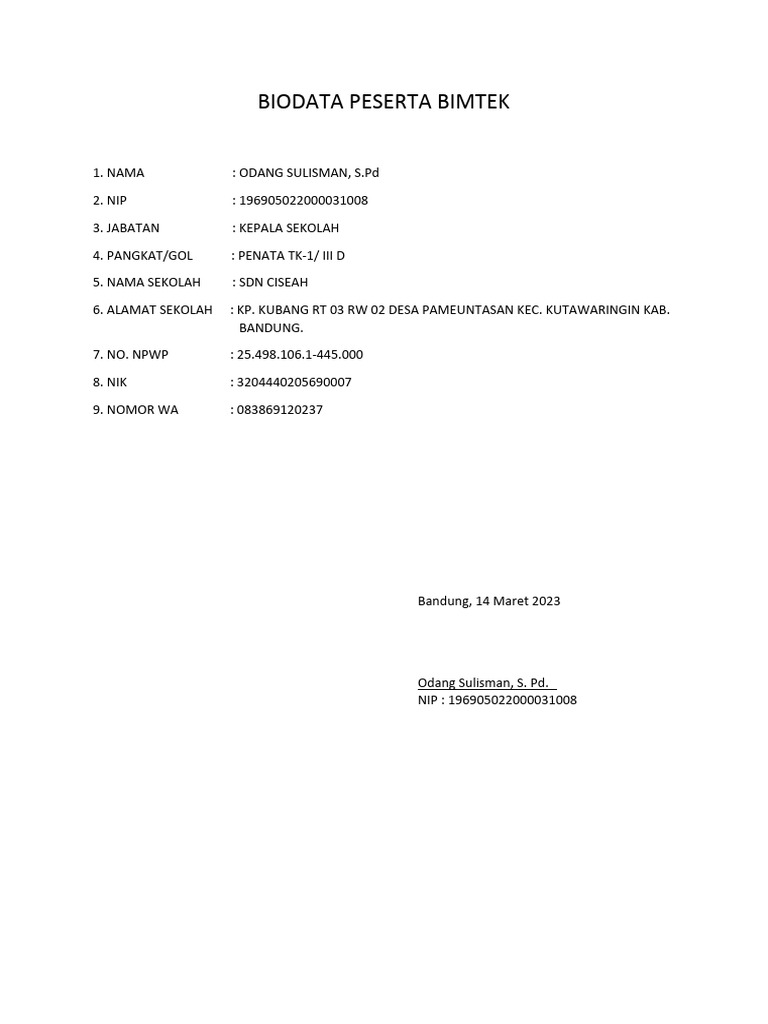 Biodata Peserta Bimtek 2023 | PDF