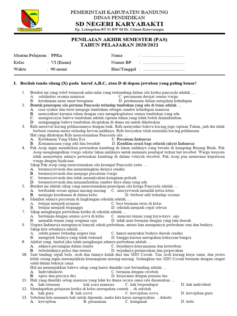 Soal Pas PPKN Kelas 6 Revisi | PDF