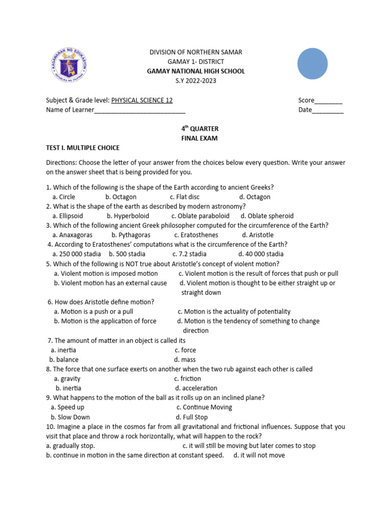 Grade 12 Physical Science Exam Questions | PDF