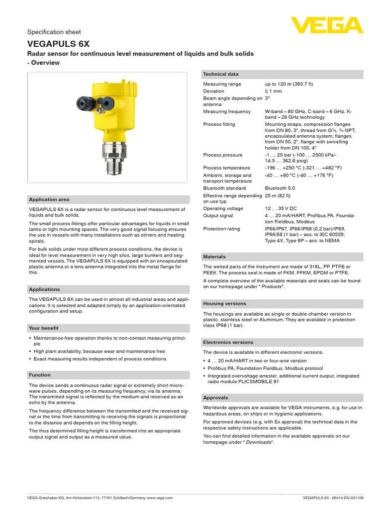 VEGAPULS 6X Radar Level Transmitter | PDF