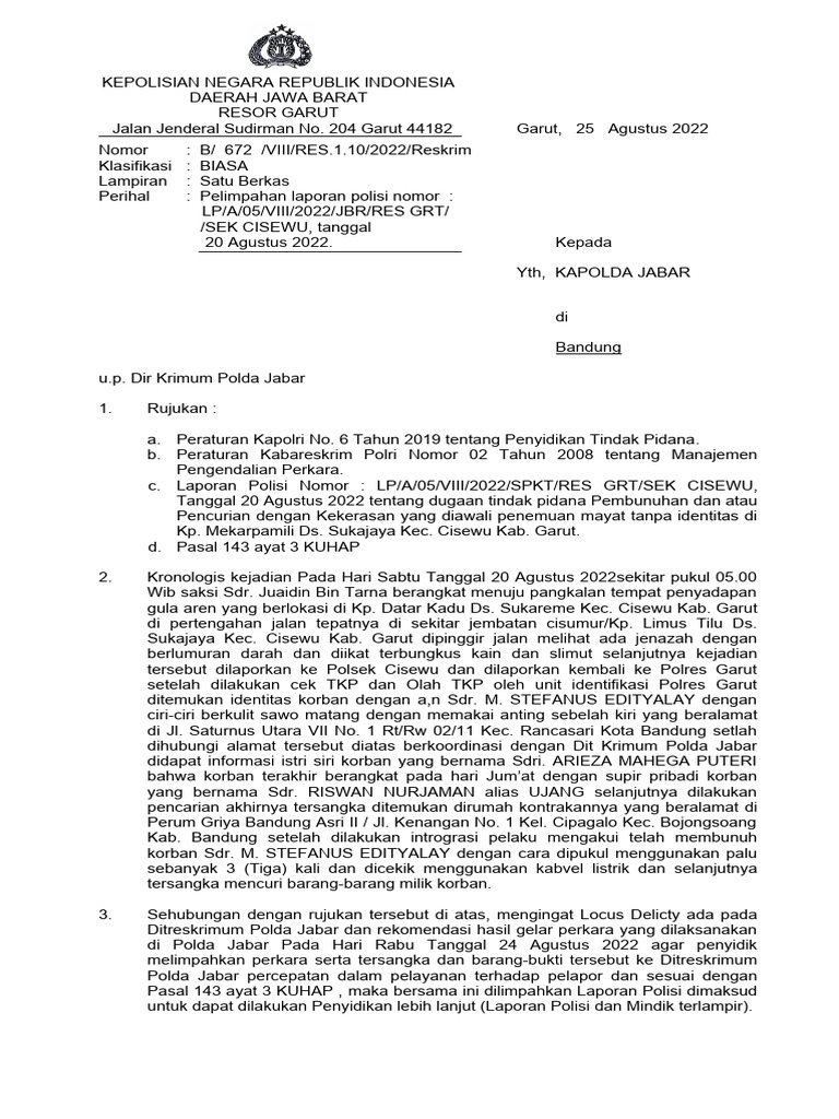 Surat Pengantar Pelimpahan Perkara Polda | PDF