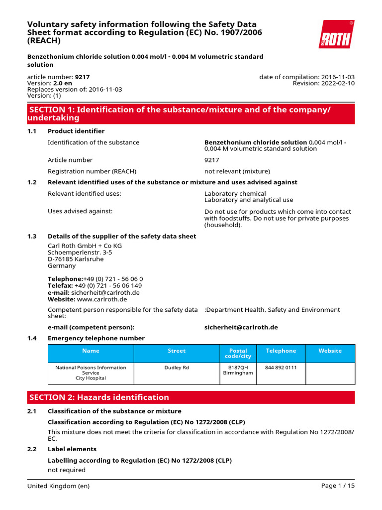 Msds Benzethonium Chloride | PDF