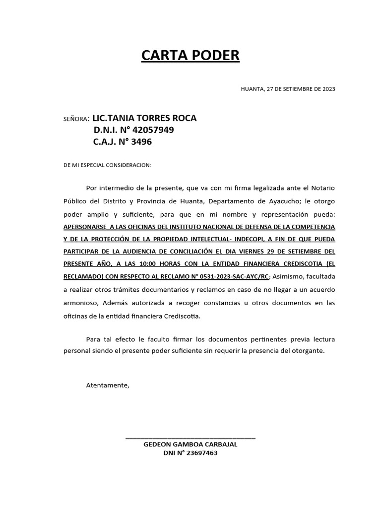 Carta Poder Gedeon-Churcampa | PDF