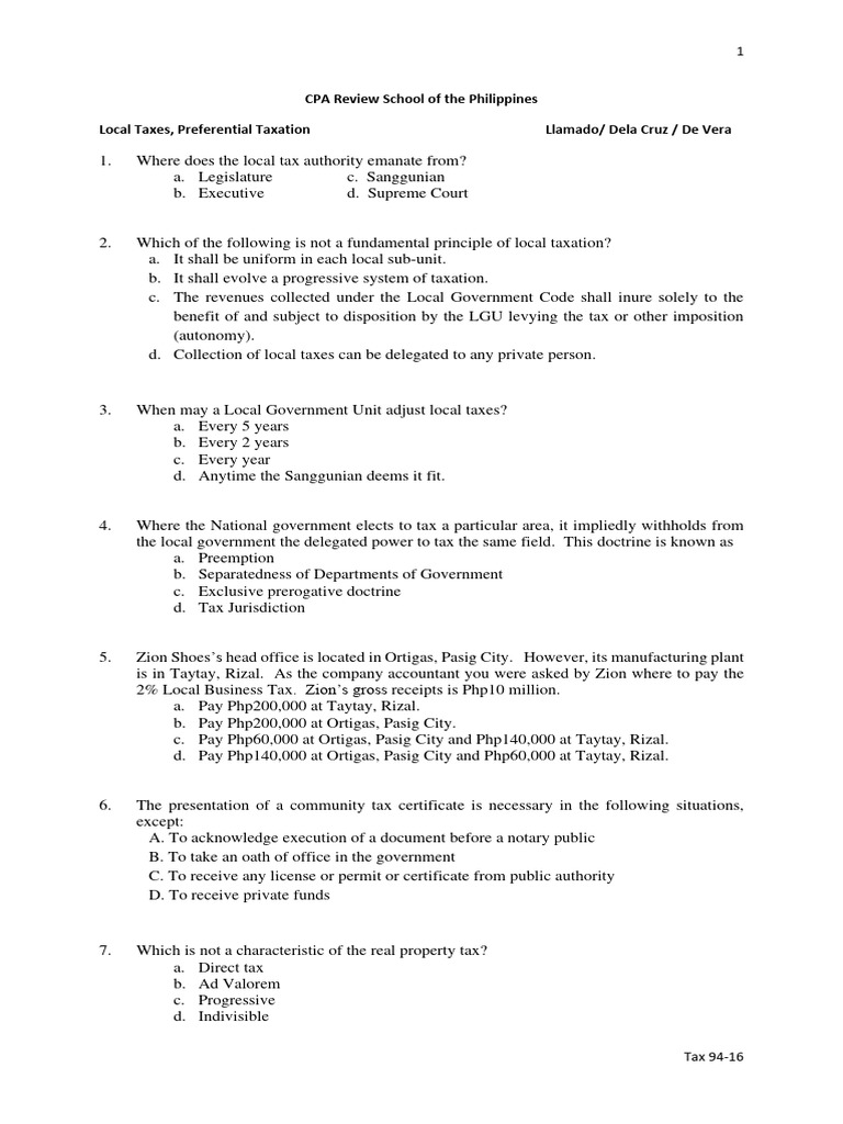Local Taxes, Preferential Taxation - Questionnaire | PDF