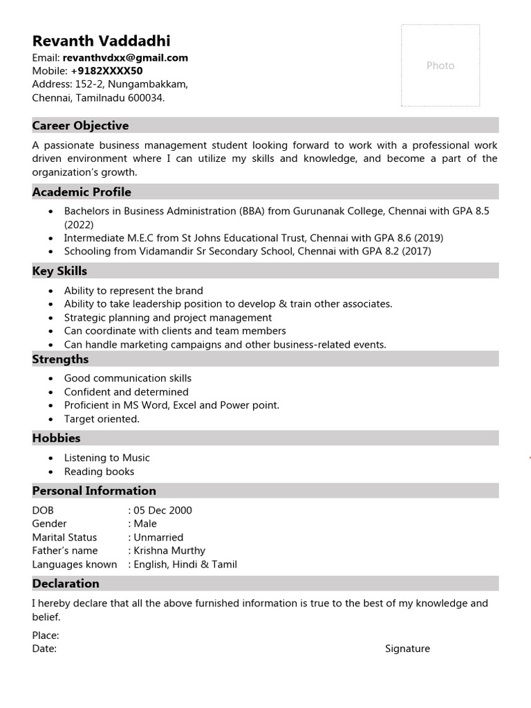 BBA Freshers Resume Sample | PDF | Career & Growth