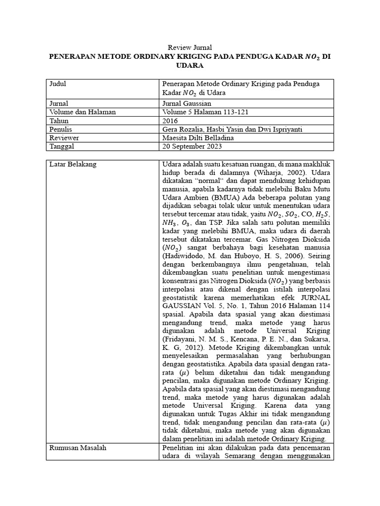Review Jurnal Penerapan Metode Ordinary Kriging Pada Penduga Kadar NO2 Di Udara Oleh Maesita | PDF