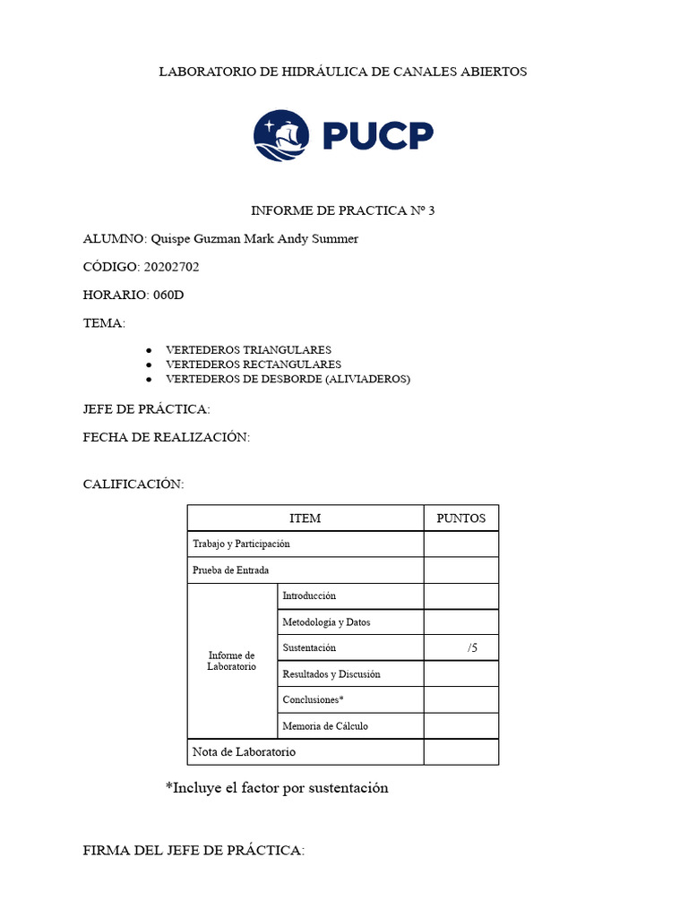 Laboratorio 3 de Hidráulica de Canales Abiertos - Quispe Mark | PDF