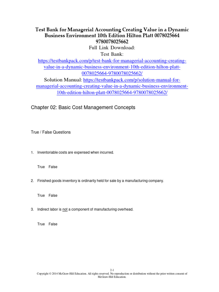 Test Bank For Managerial Accounting Creating Value in A Dynamic ...