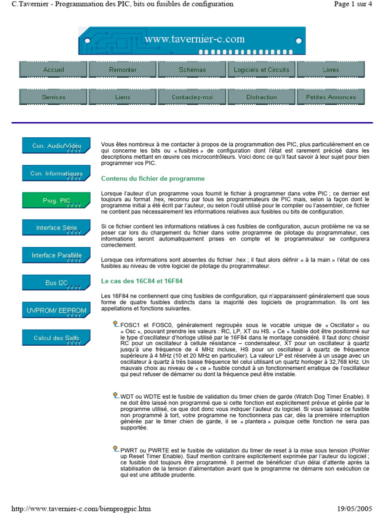Programmation des fusibles PIC 16F84/16F87x | PDF