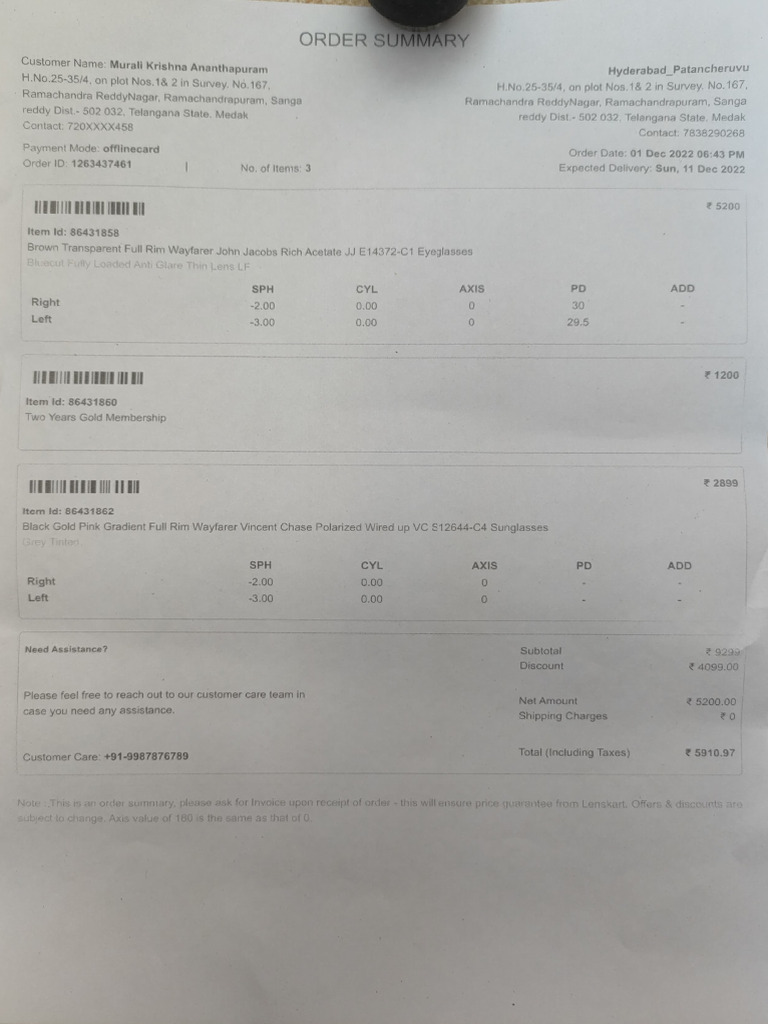 Lenskart Bill Cum Prescription | PDF