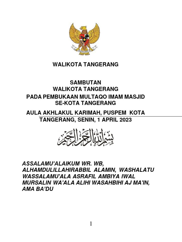 Sambutan Walikota Acara MULTAQO IMAM MASJID | PDF | Ilmu Sosial ...