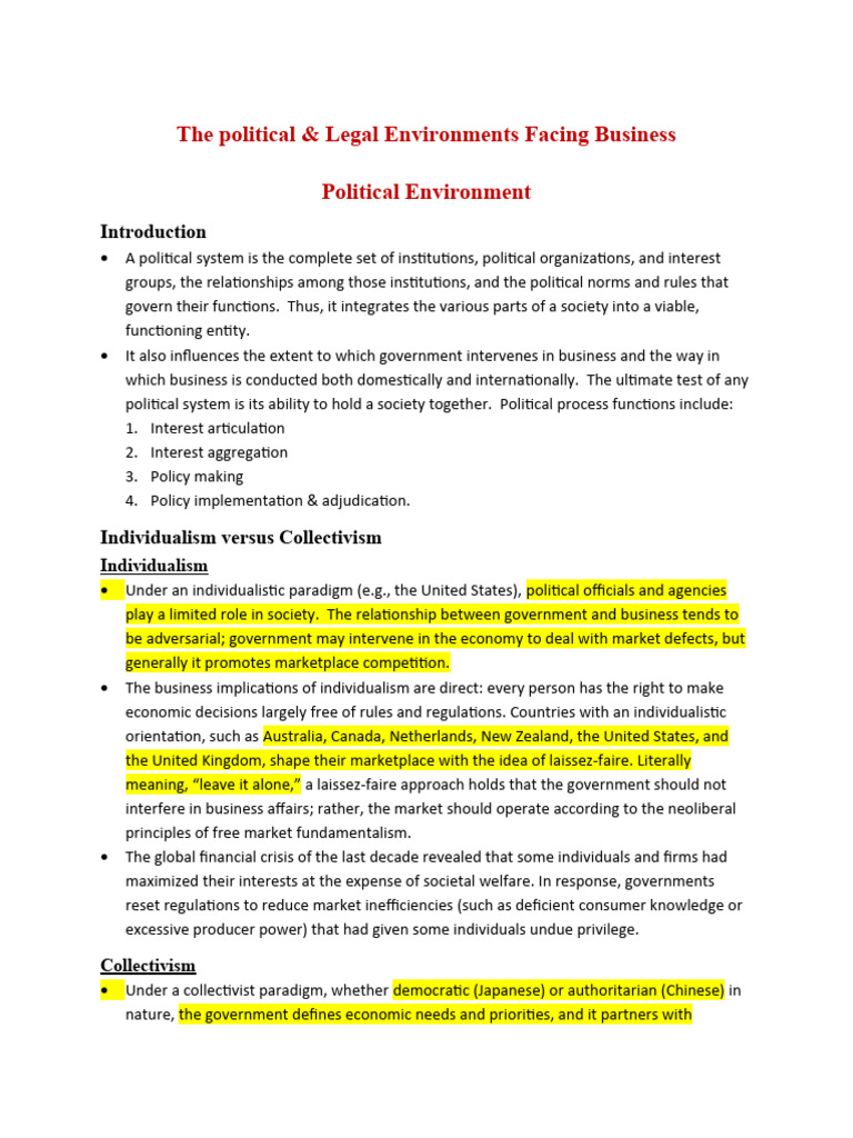 Political and Legal Environment of Business | PDF