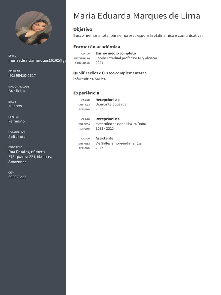 Maria Eduarda Marques de Lima - Currículo | PDF