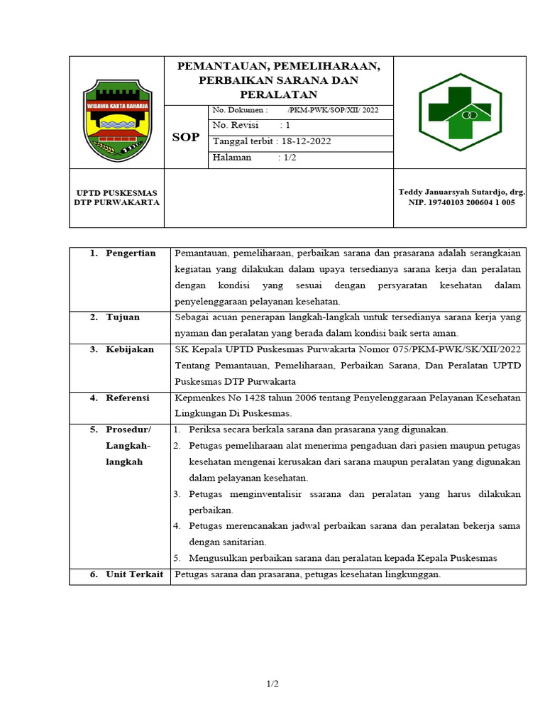 8.5.1.4 SOP Pemantauan, Pemeliharaan, Perbaikan Sarana Dan Prasarana | PDF