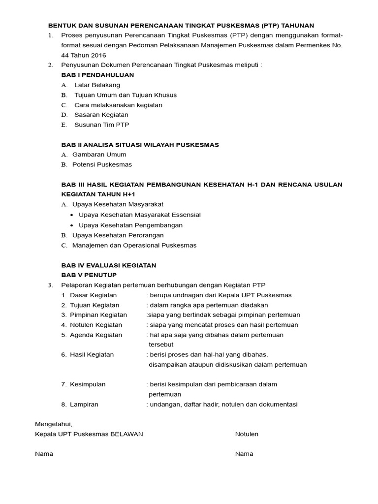 Bentuk Dan Susunan Perencanaan Tingkat Puskesmas (PTP) Tahunan | PDF
