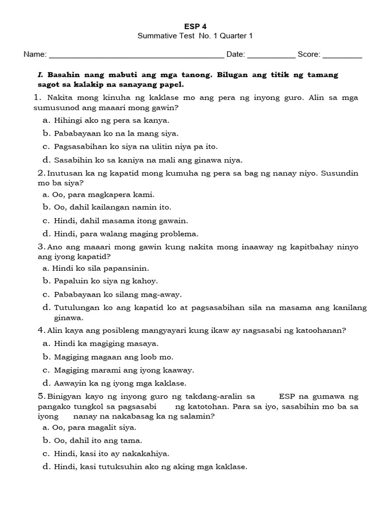 A. B. C. D. 2.: I. Basahin Nang Mabuti Ang Mga Tanong. Bilugan Ang Titik NG Tamang | PDF