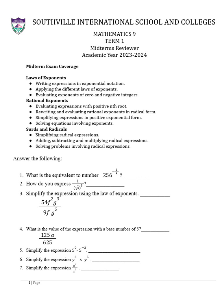 Math 9 Midterm Reviewer: Exponents & Radicals | PDF | Exponentiation | Mathematical Concepts