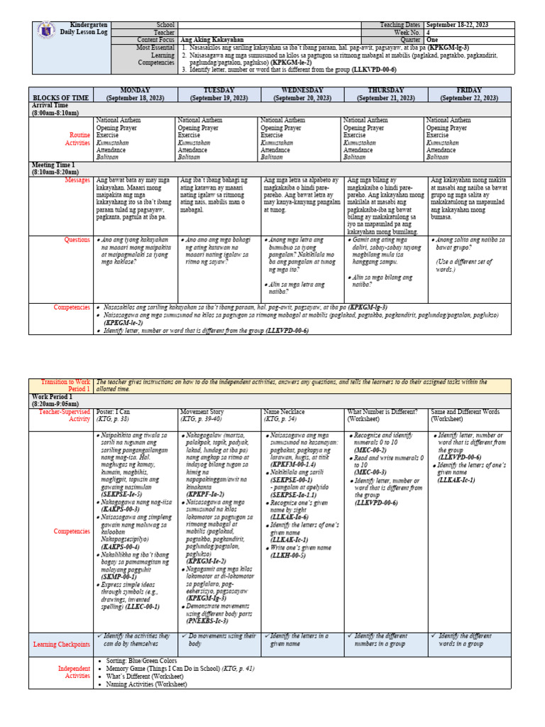 Kindergarten-DLL-MELC-Q1-Week 4 Ctto | PDF