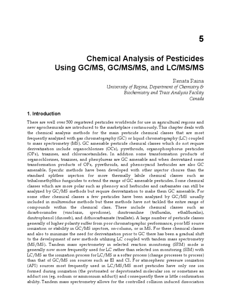Chemical Analysis of Pesticides Using GC/MS, GC/MS/MS, and LC/MS/MS ...