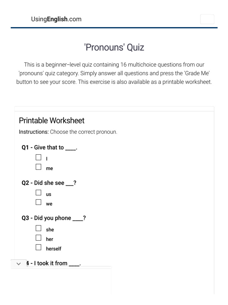 'Pronouns' Quiz - Exercise & Worksheet | PDF