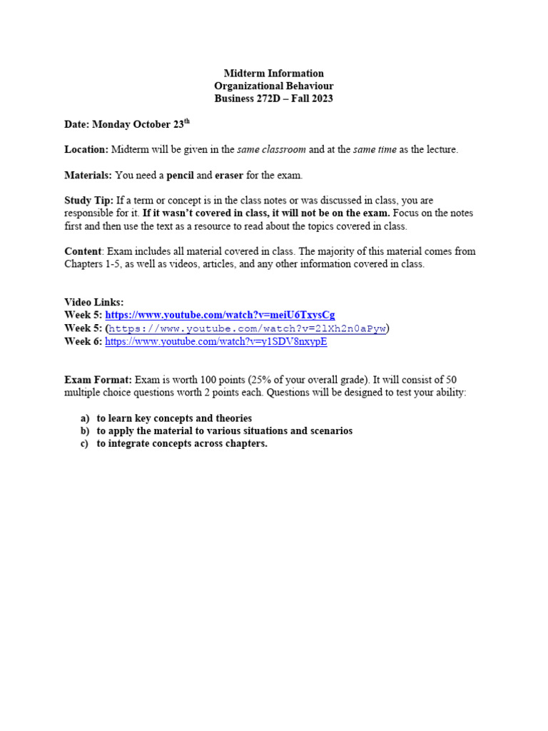 Midterm Review Sheet - Bus 272 - Fall 2023 | PDF