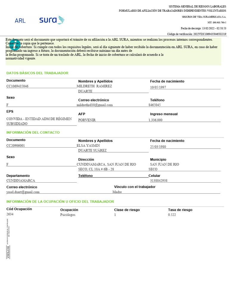 Formulario Afiliacion Arl Sura | PDF