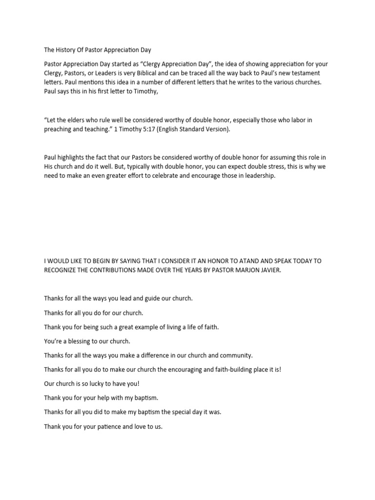The History Of Pastor Appreciation Day Pdf